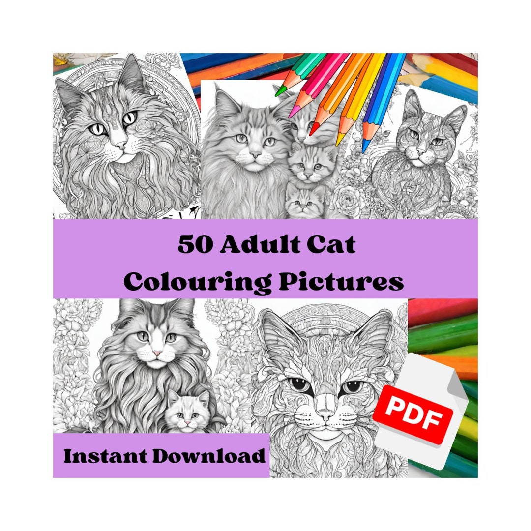 50 Adult Cat Colouring Pages Printable PDF - Etsy