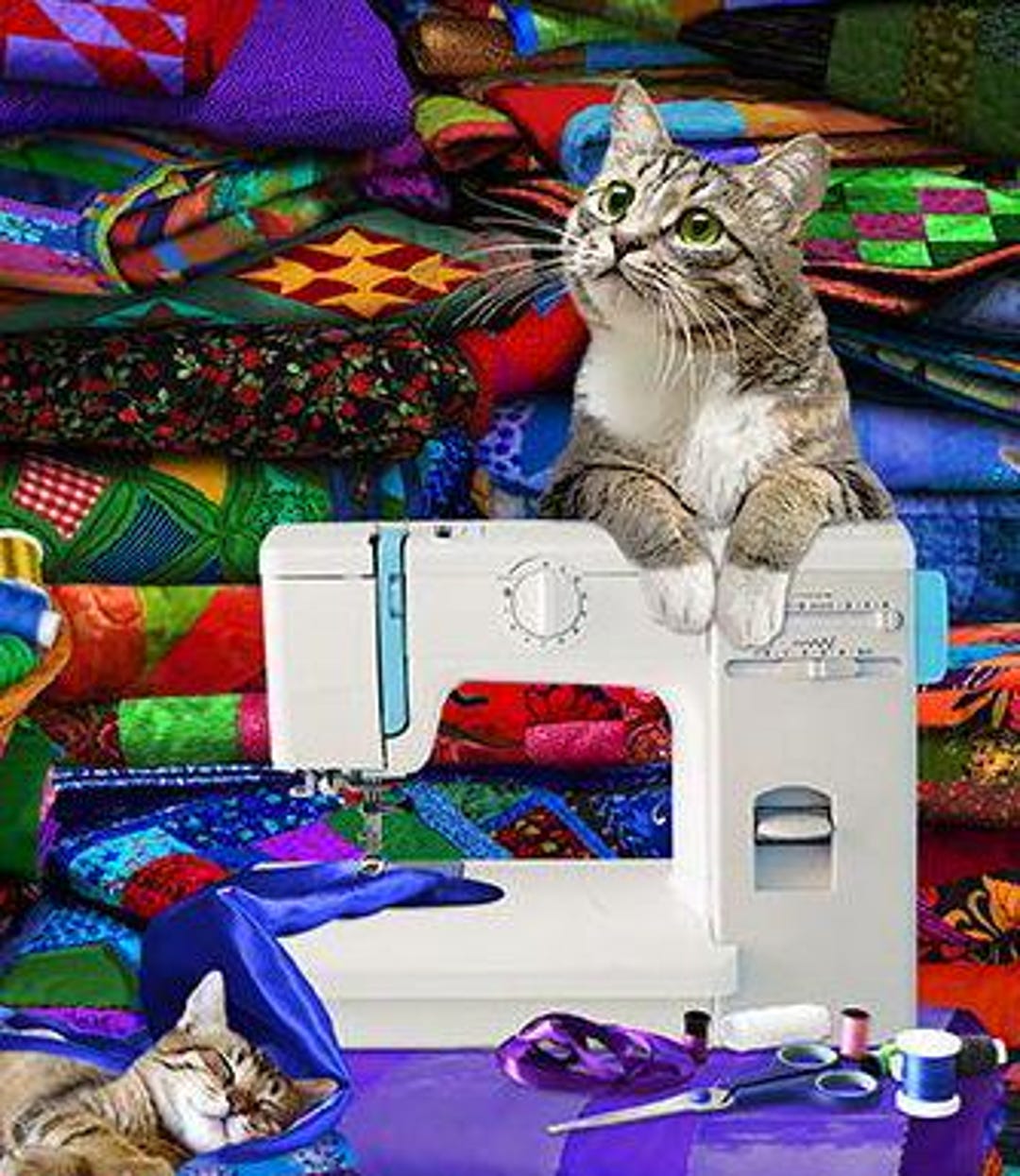 Cats, Quilts & Sewing Machines Fabric Timeless Treasures Quilt Cotton ...