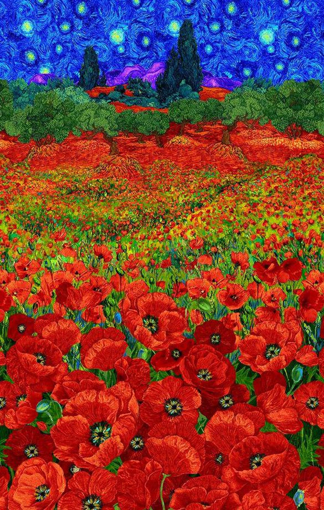 Red Poppy Flower Scenery Border 1 Yard Fabric Timeless Treasures Quilt ...