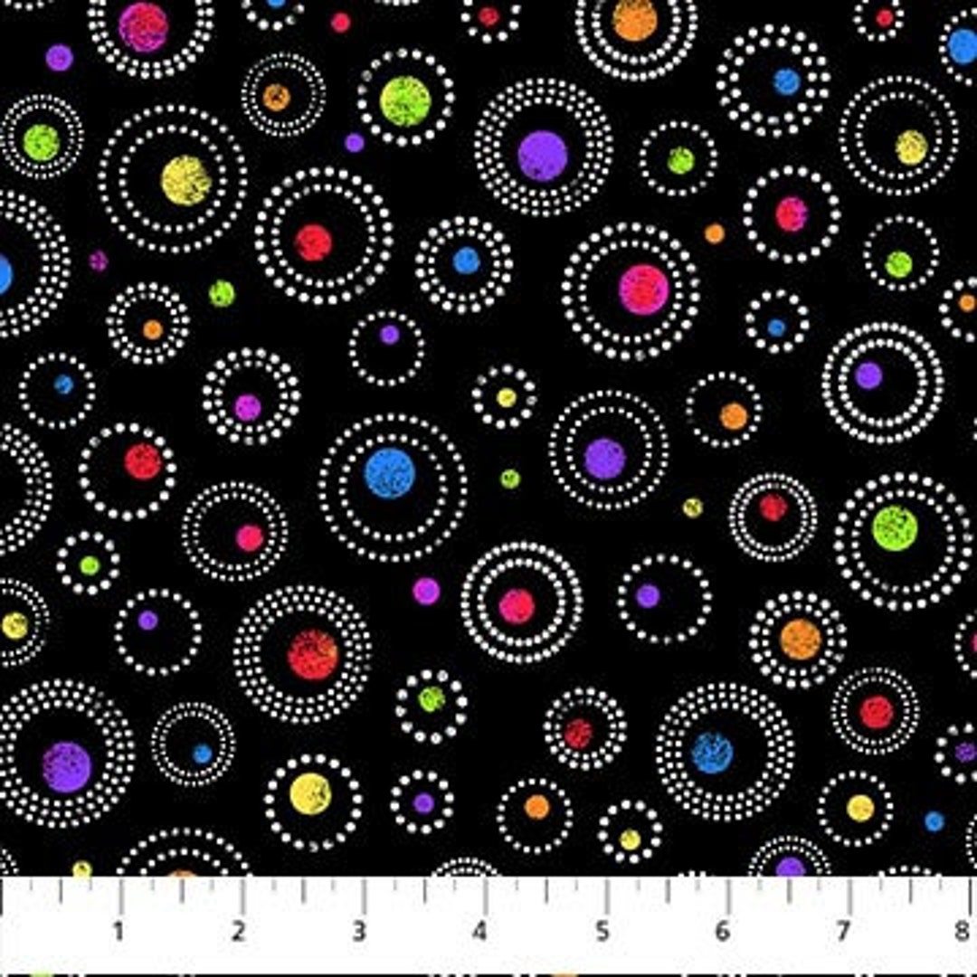 Fabric Prismatic Colorful Circles on Black Patrick Lose Northcott Quilt ...