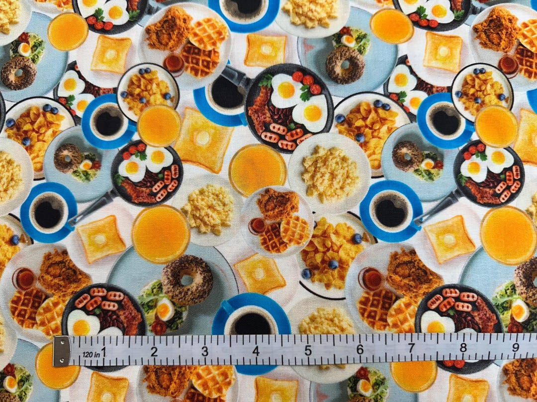 Fabric Big Breakfast Waffle Eggs Toast Coffee Bagel Digital Cotton ...