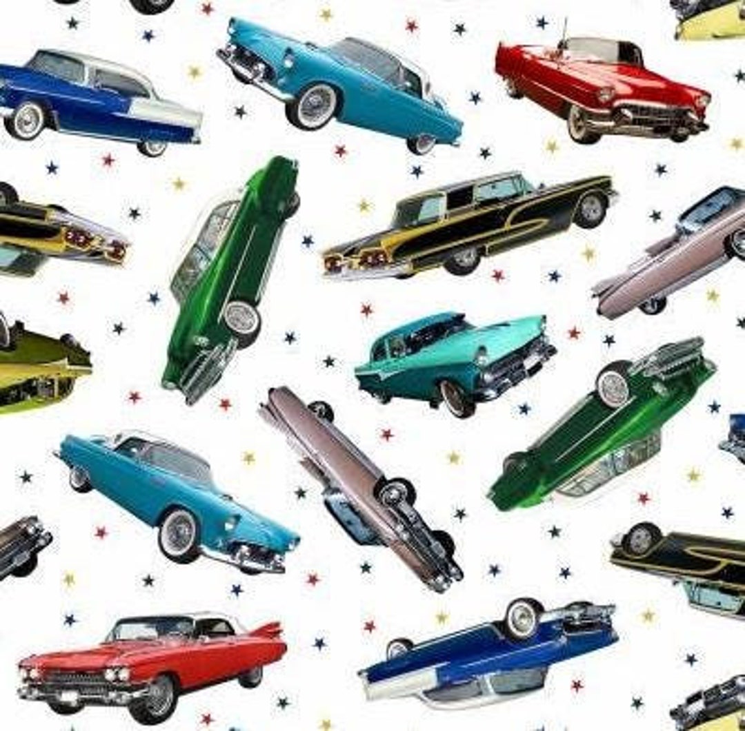 Fabric Classic Antique Cars Thunderbird Ford Chevy in Motion Cotton ...