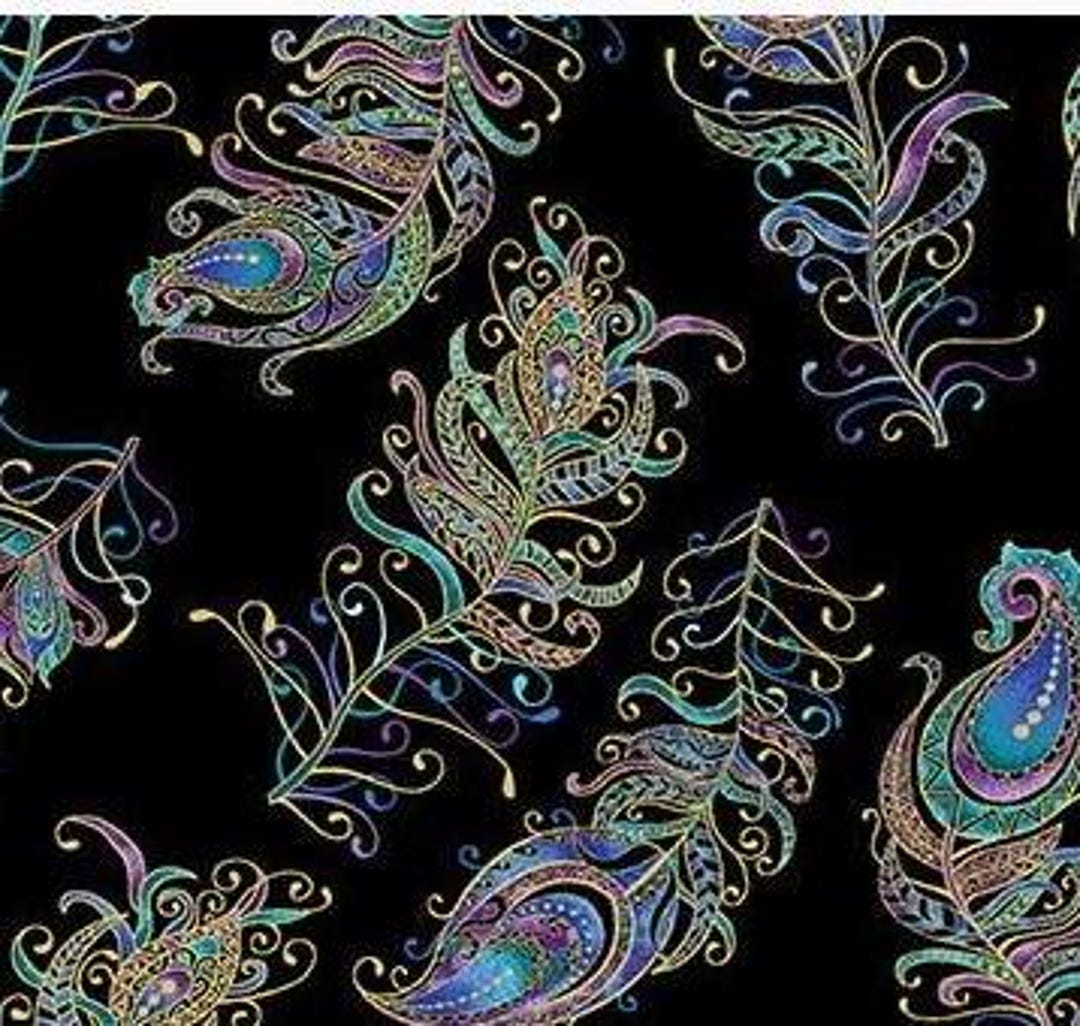 SALE! Fabric Metallic Floating Feathers Black Peacock Flourish Ann ...