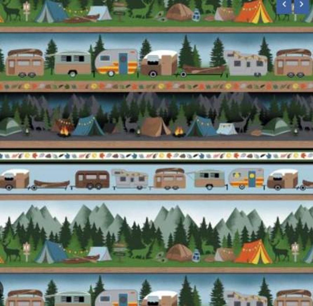 SALE! 1 Yard Fabric Camping Theme Stripe Trailer Tent Canoe Trees Moose ...
