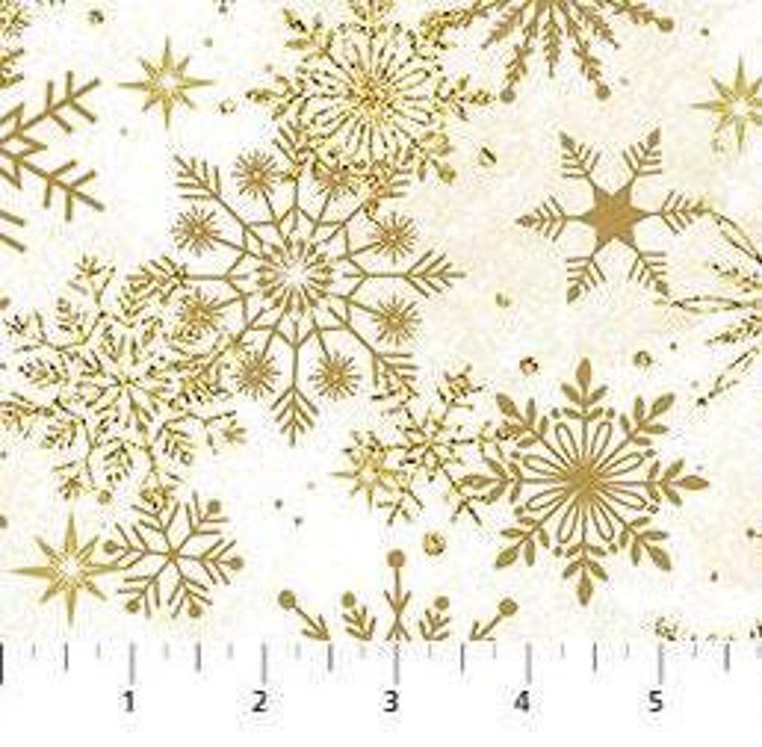 Fabric 1 Yard Large Gold Metallic Snowflakes White Stonehenge Christmas ...