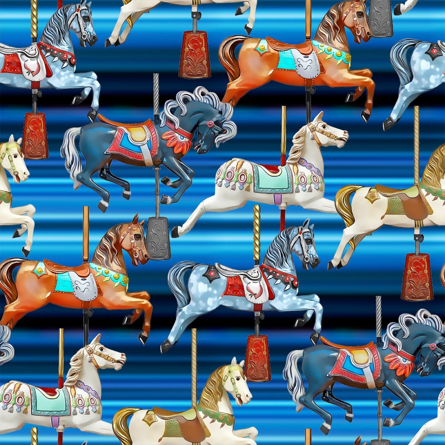 Fabric Carousel Horses Amazement Park Cotton Quilt Fabric by 3 Wishes ...