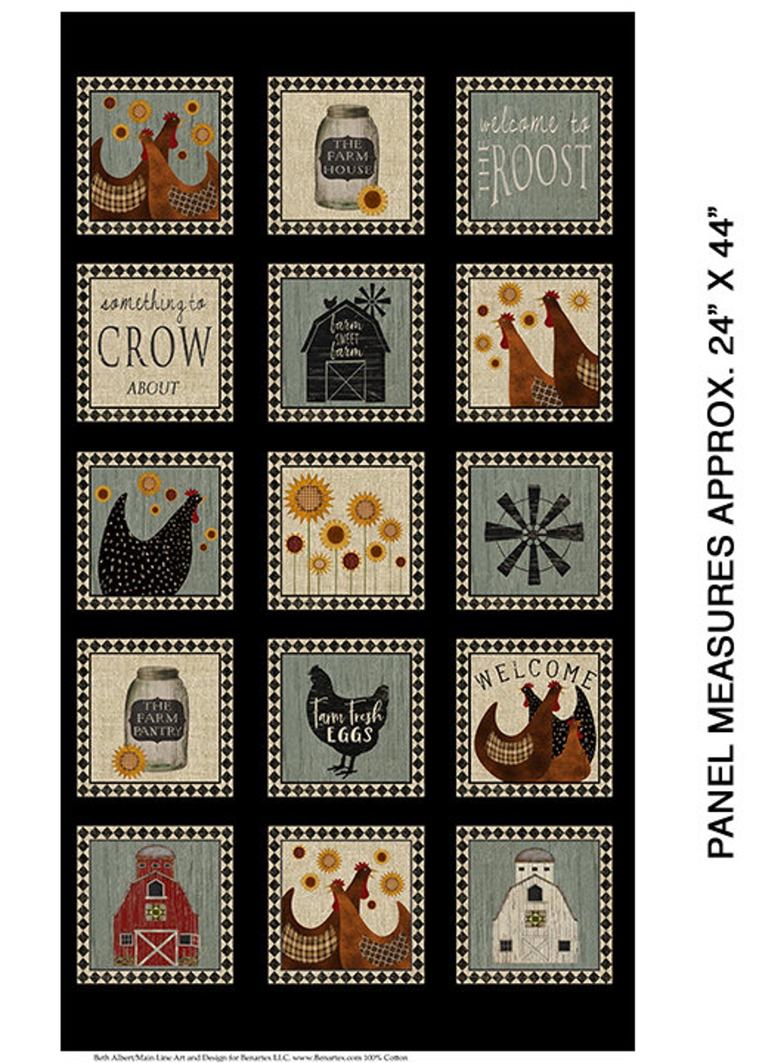 Panel Fabric Roost Squares Rooster, Chickens, Crow, Barn Country Cotton ...