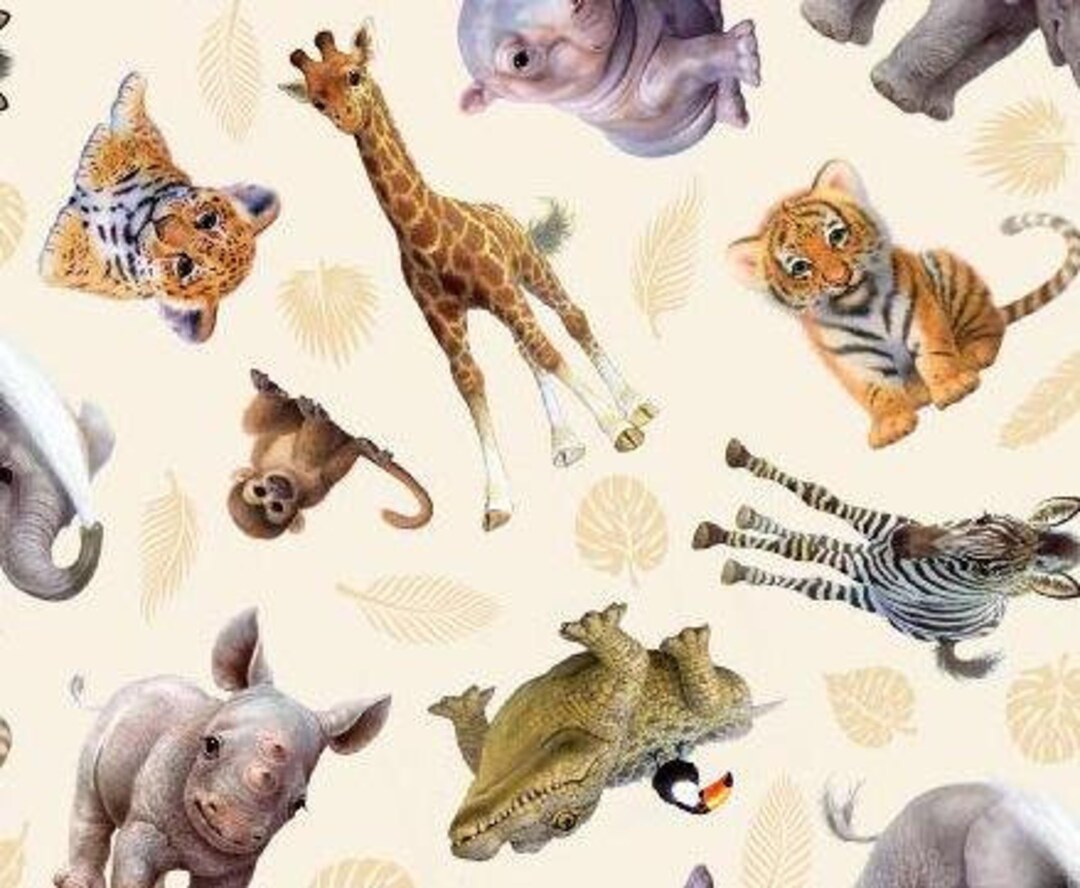 SALE! Fabric Whose Nose & Toes? on Cream Baby Animals Tiger Zebra ...