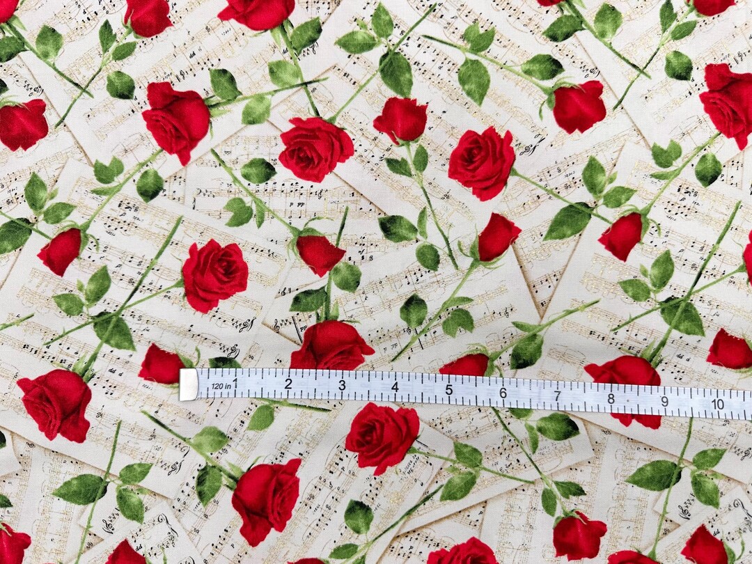 Fabric Red Roses and Musical Sheet Music Tan With Touch of Gold ...