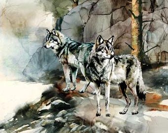 Fabric Panel Scenic Border Trees Mountains Rocks Lone Wolf Collection ...