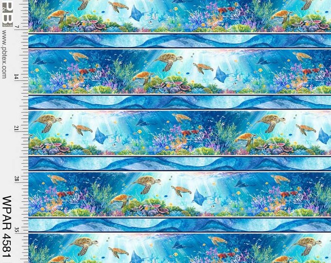Fabric Weekend in Paradise Border Stripe Ocean Life Turtles Underwater ...