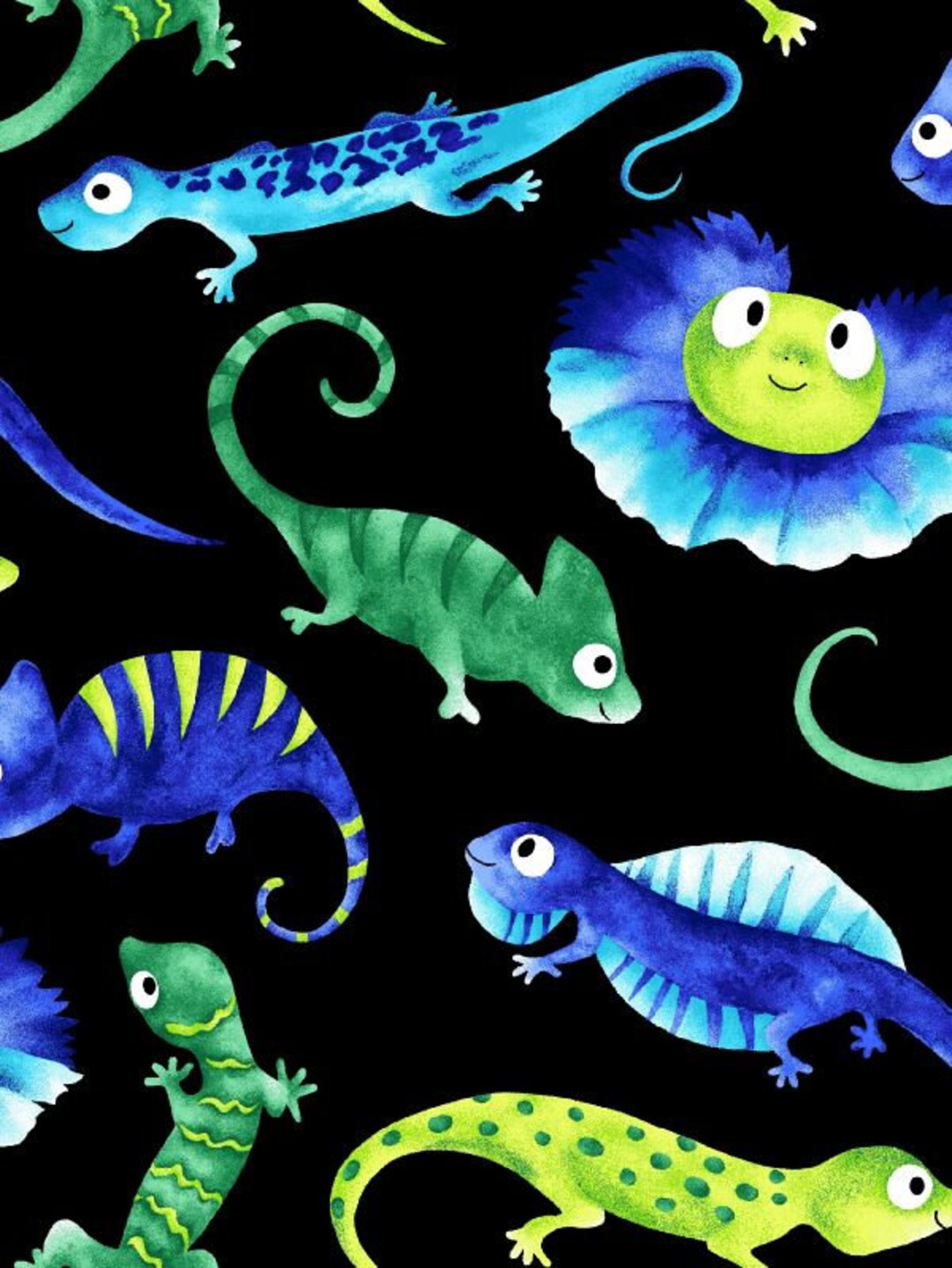 Fabric Lizards Geckos on Black Quilt Cotton Belle Blue Collection ...
