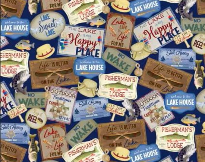 Fabric Lake House Signs Words Fish Sail Away Collection Benartex Quilt ...