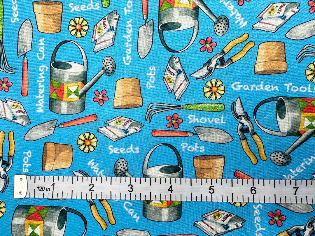 SALE! Fabric Who Let the Hogs Out Garden Theme Pots Rake Clippers ...