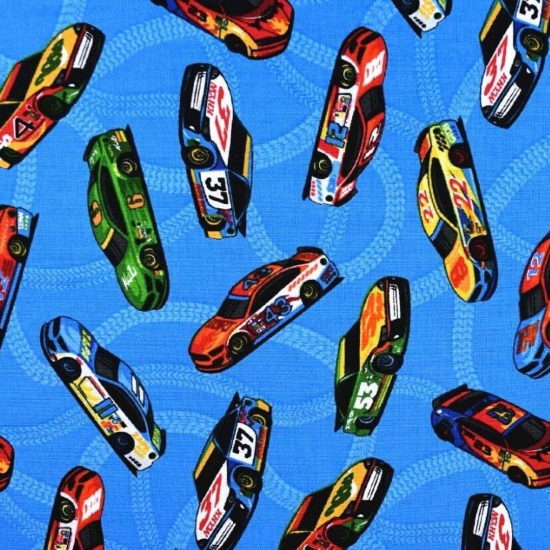 Fabric Turbo Speed Kids Racecar Theme Blue Cotton Quilt Fabric ...