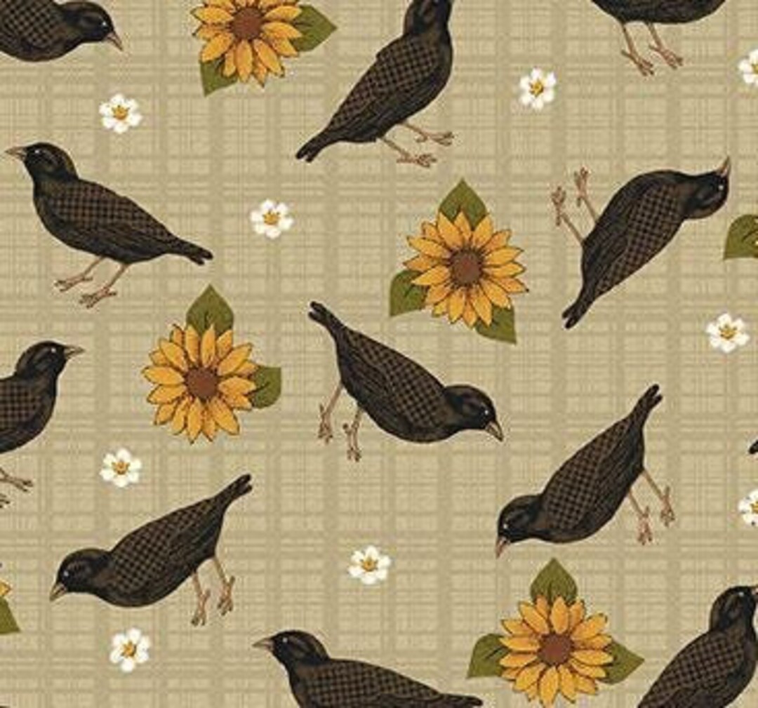 Fabric Crows, Leaves Blooms on Tan Quilt Cotton A Wooly Autumn ...