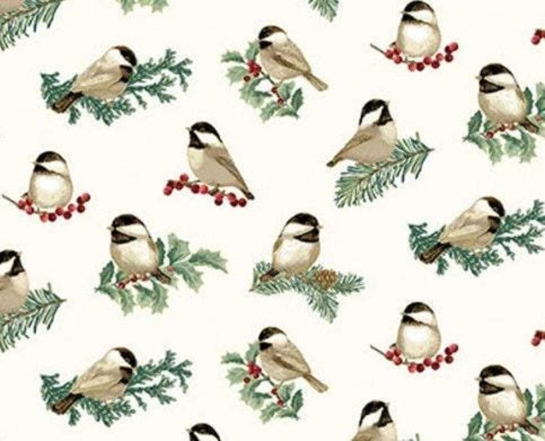 SALE! Fabric Charming Chickadees Birds White Metallic Cotton Quilt A ...