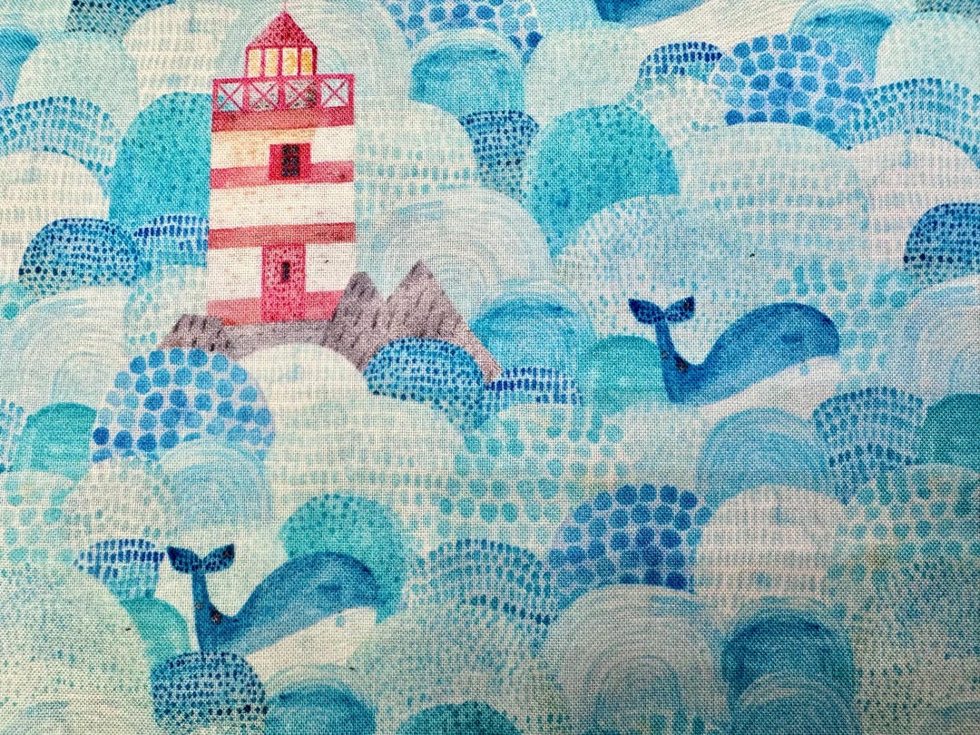 Fabric Lighthouses Whales Waves Ocean Maritime Sea Blue Quilt Cotton ...