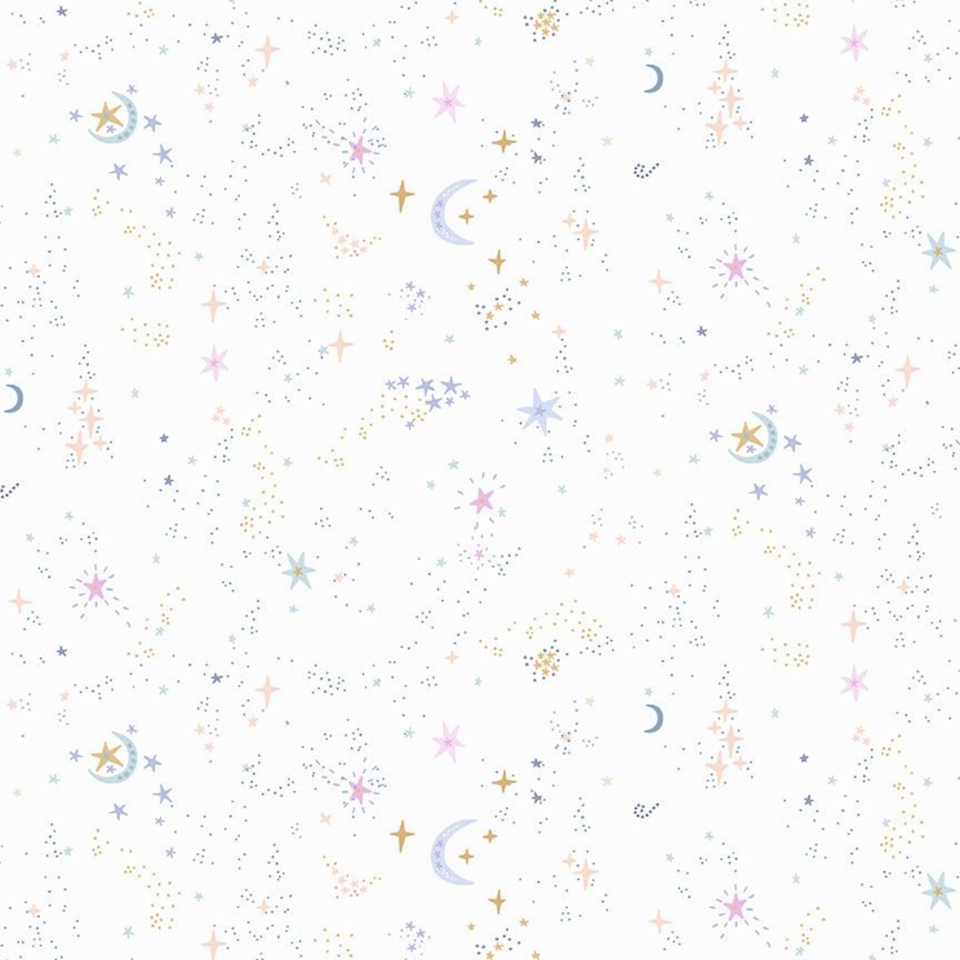 Wideback Fabric Starry Night Pastel Color Moon Stars on White Quilt ...
