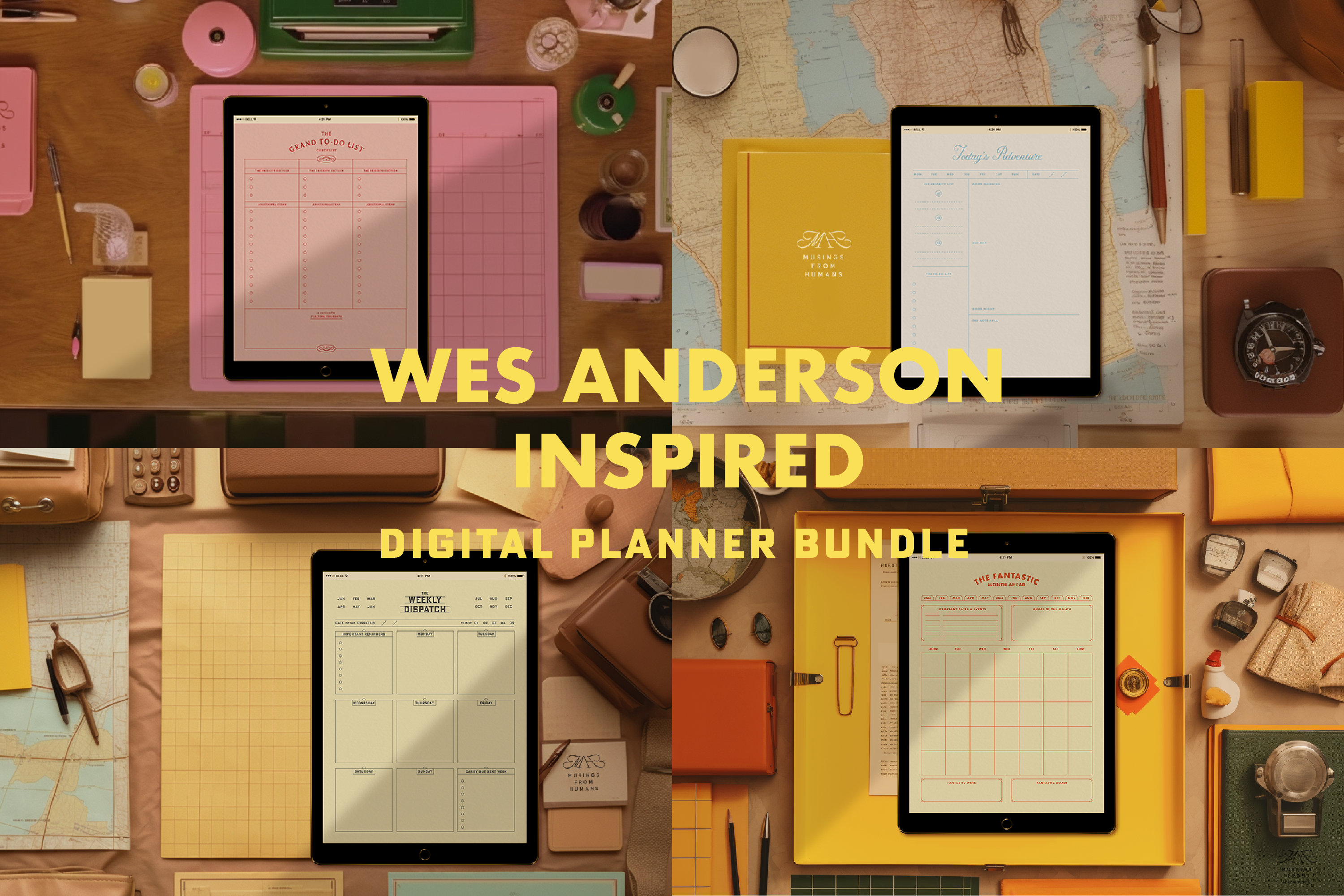 Undated Digital Planner Bundle, Wes Anderson Gift, Productivity ...