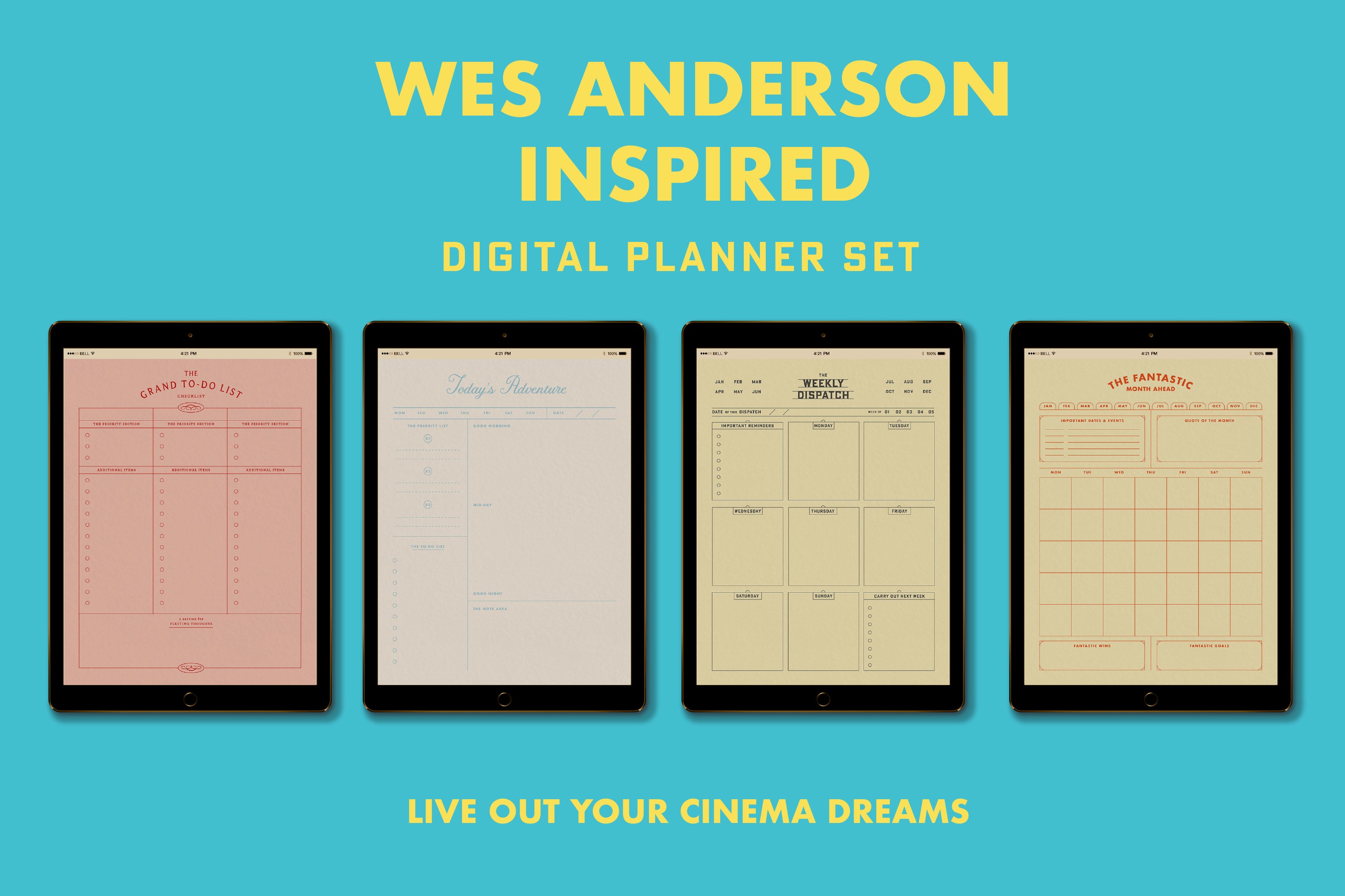 Undated Digital Planner Bundle, Wes Anderson Gift, Productivity ...