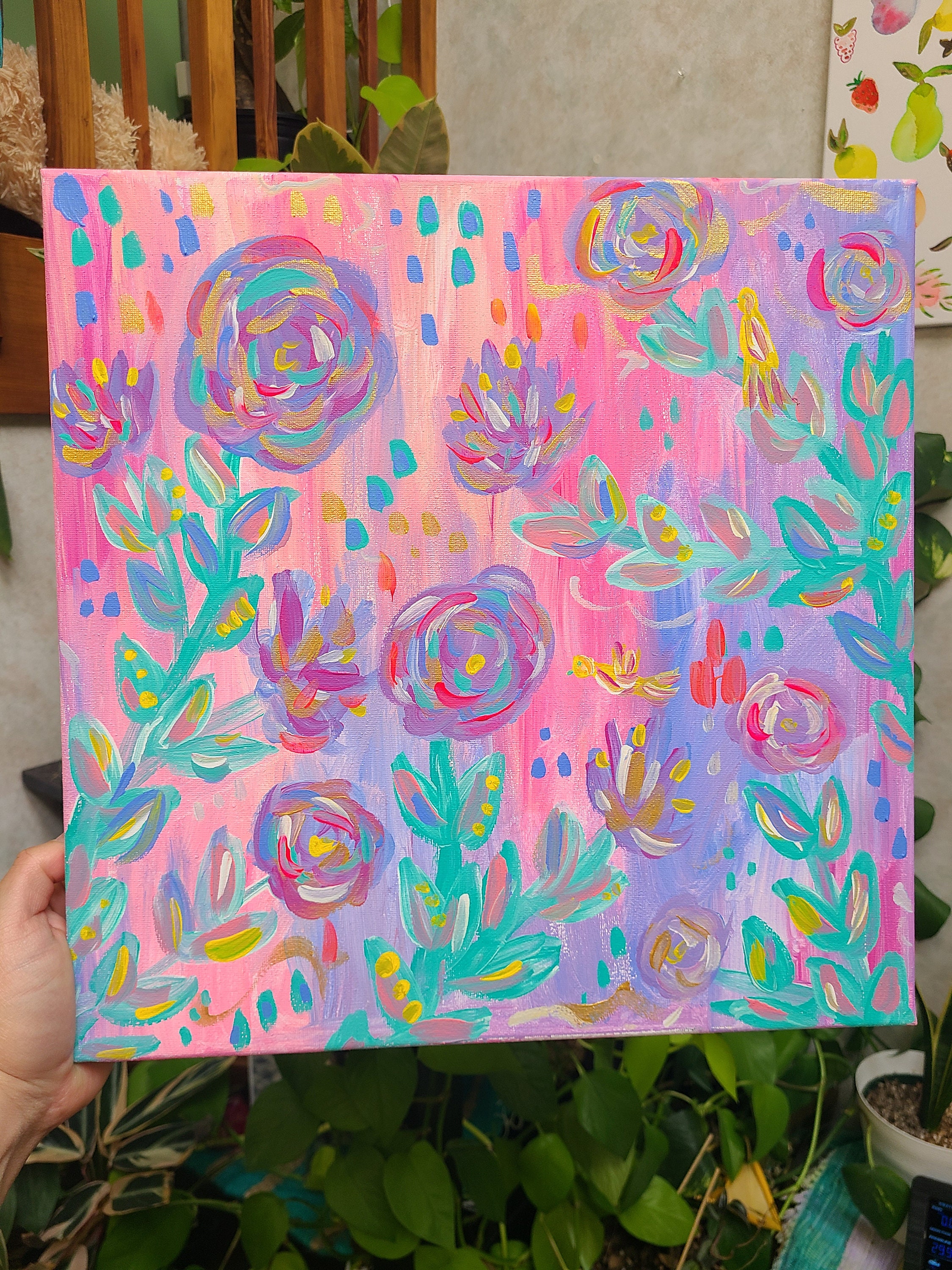 Pink Songbird Garden Painting - Etsy