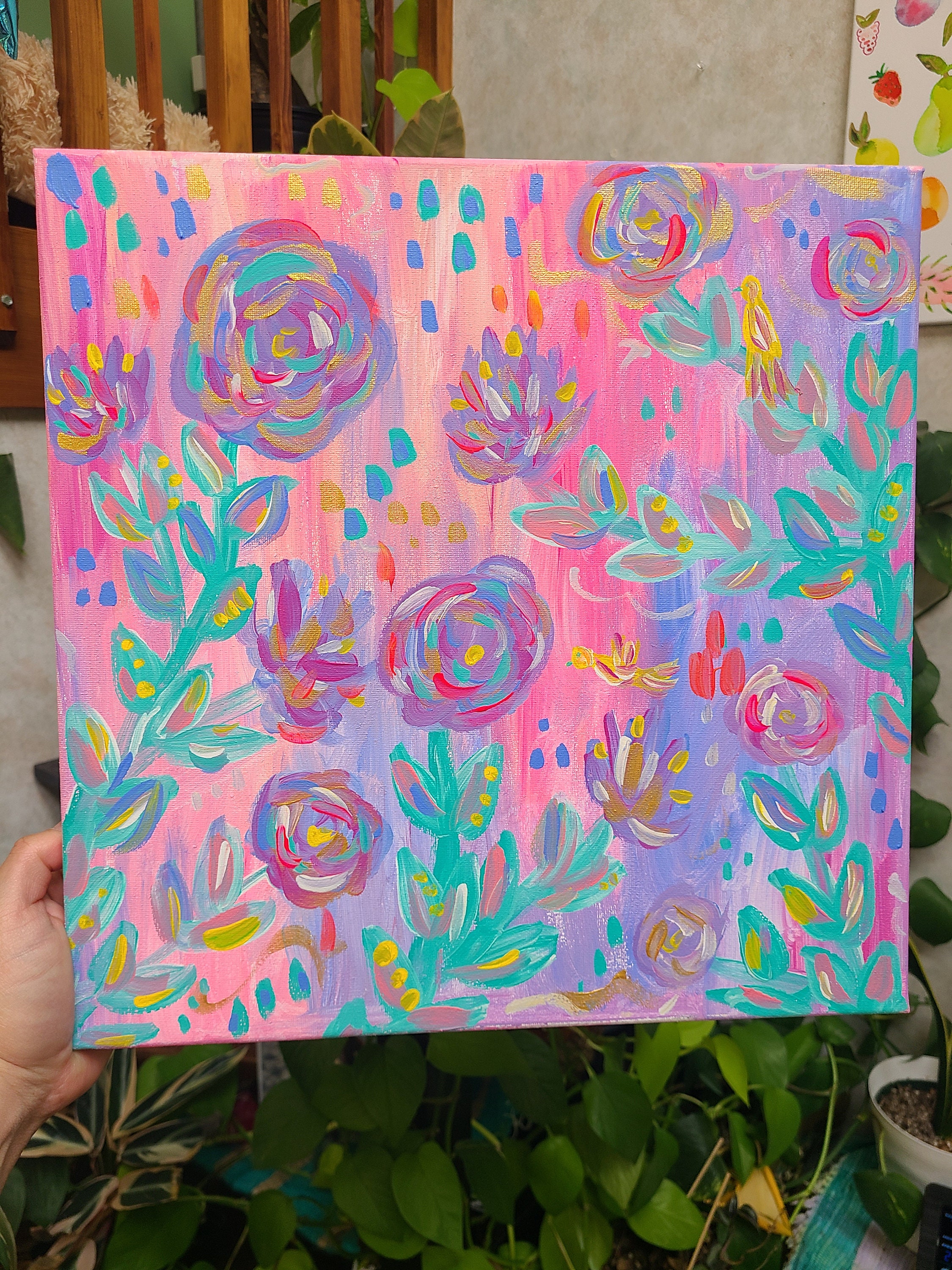 Pink Songbird Garden Painting - Etsy