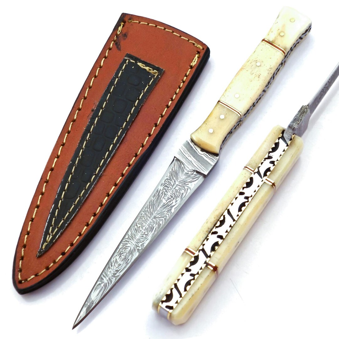 Damascus Full Tang Double Edge Dagger Knife With Camel Bone Handle and ...