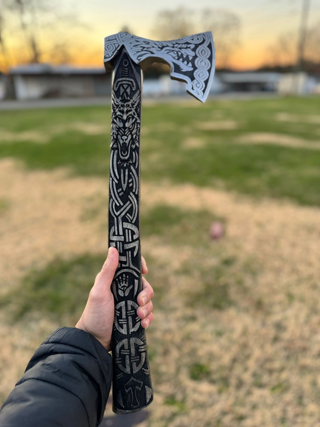 Handmade Wolf Axe With Hand Craved Handle Etched and Engraved Viking ...