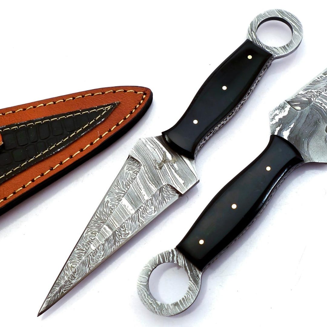 Damascus Full Tang Double Edge Dagger Knife With Bull Horn Handle and ...