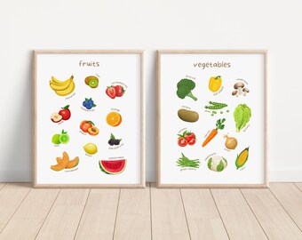 Fruits Vegetables Educational Posters Set of 2 Watercolor Montessori ...