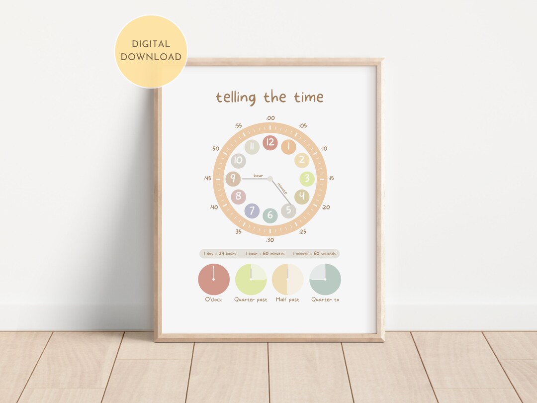 Telling the Time Educational Print, Rainbow Playroom Decor, Toddler ...