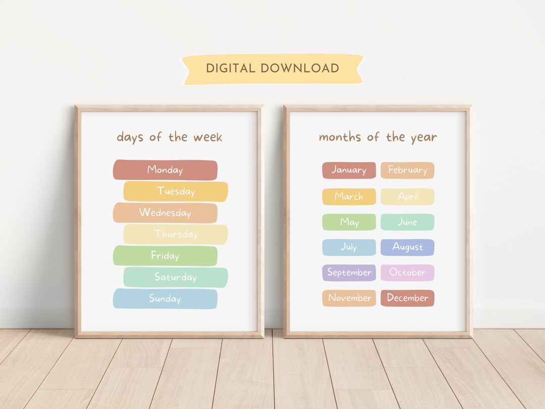 Set of 2 - Days of the Week + Months of the Year Educational Prints ...