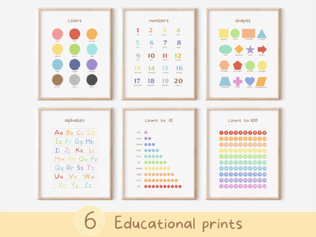 6 Educational Prints, Shapes Numbers Colors Alphabet + Counting ...