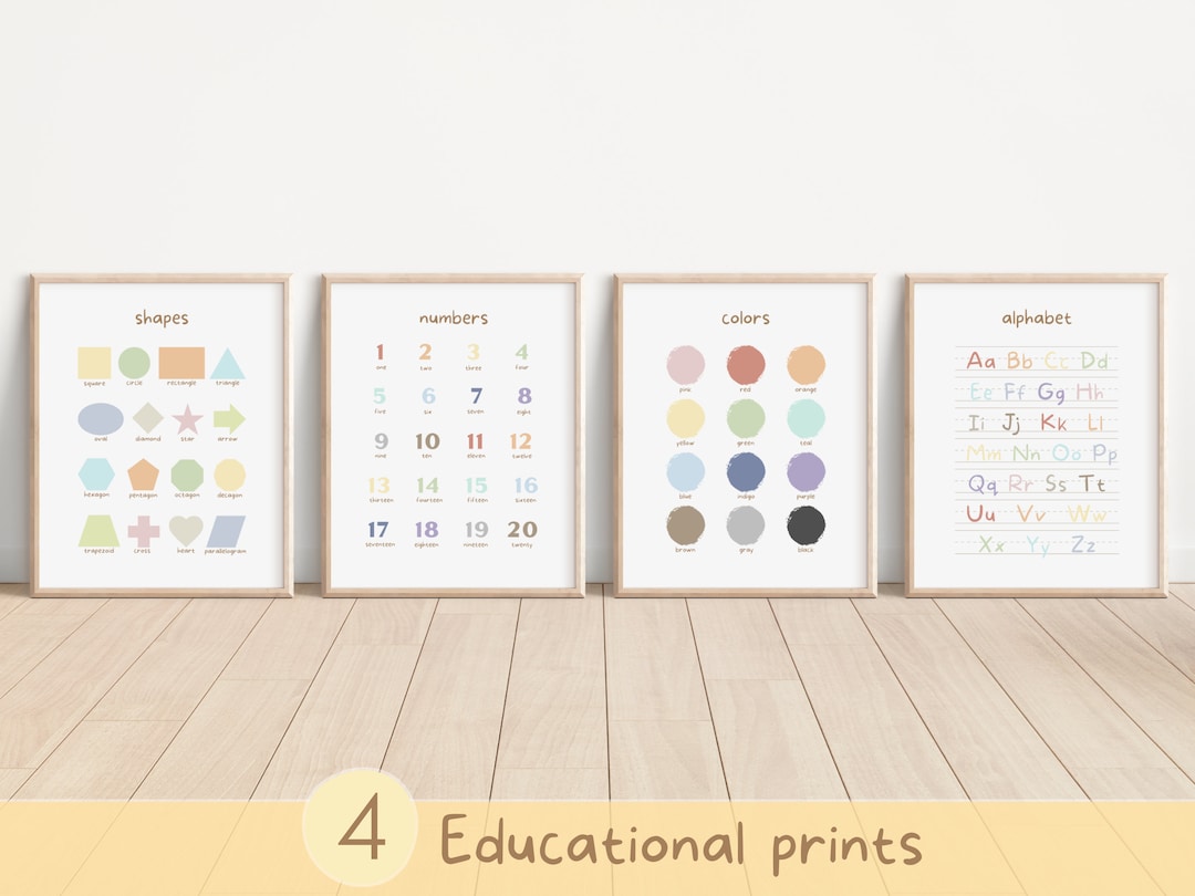 Set of 4 Shapes Colors Numbers Alphabet Educational Prints, Playroom ...