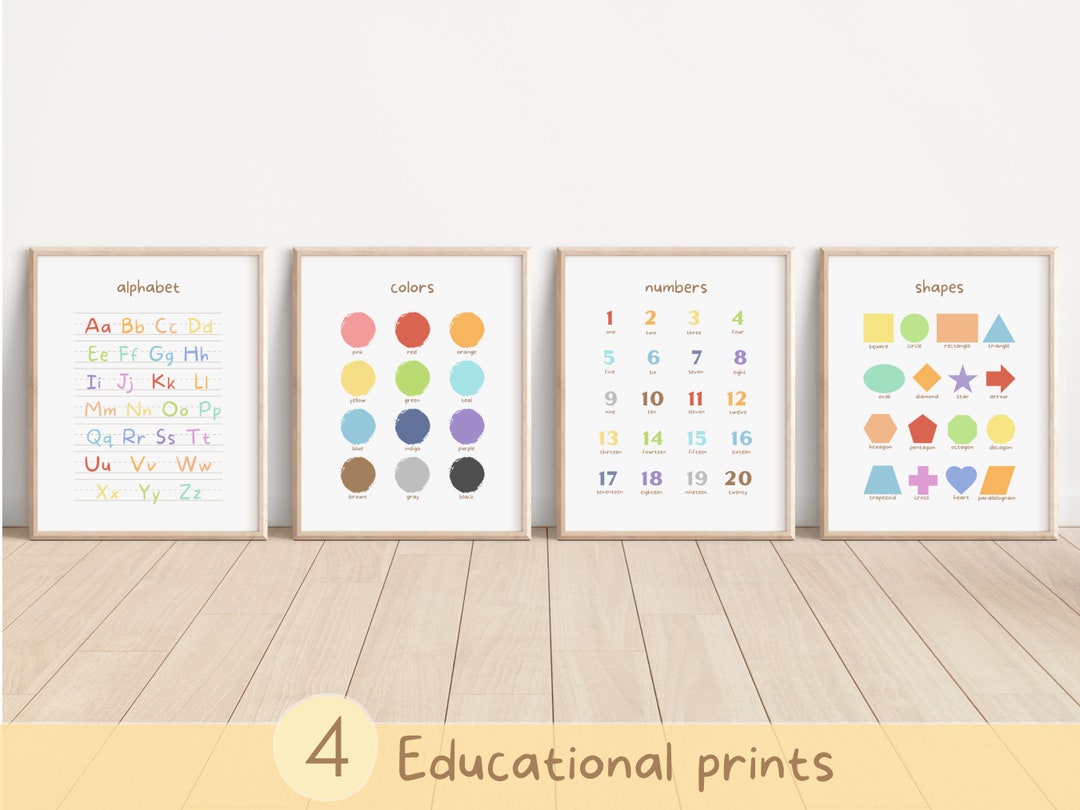 Set of 4 Shapes Colors Numbers Alphabet Educational Prints, Playroom ...