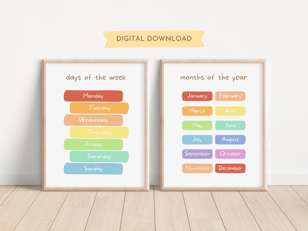 Set of 2 - Days of the Week + Months of the Year Educational Prints ...