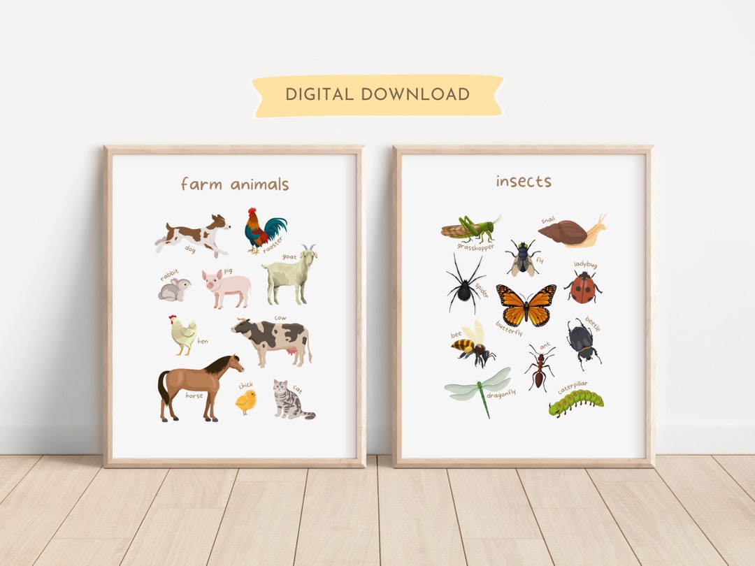 Set of 2 Farm Animals and Insects Educational Prints, Nursery Playroom ...