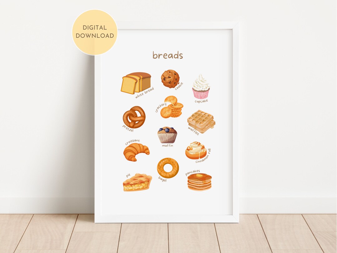 Bread Educational Poster, Food Learning Print, Baking for Kids Playroom ...