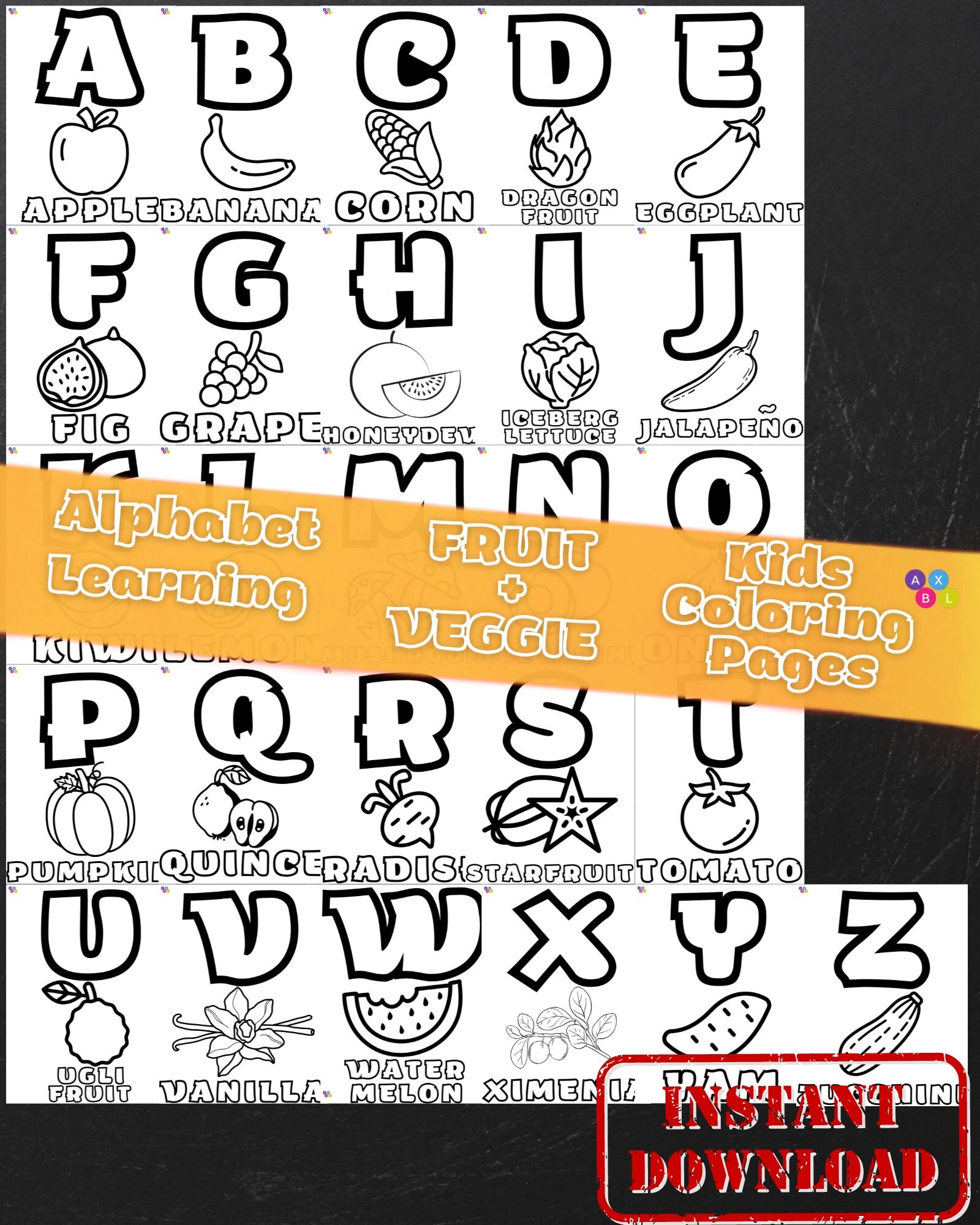 Alphabet Learning| Fruit + Veggie| Kids Coloring Pages (26 Pages ...