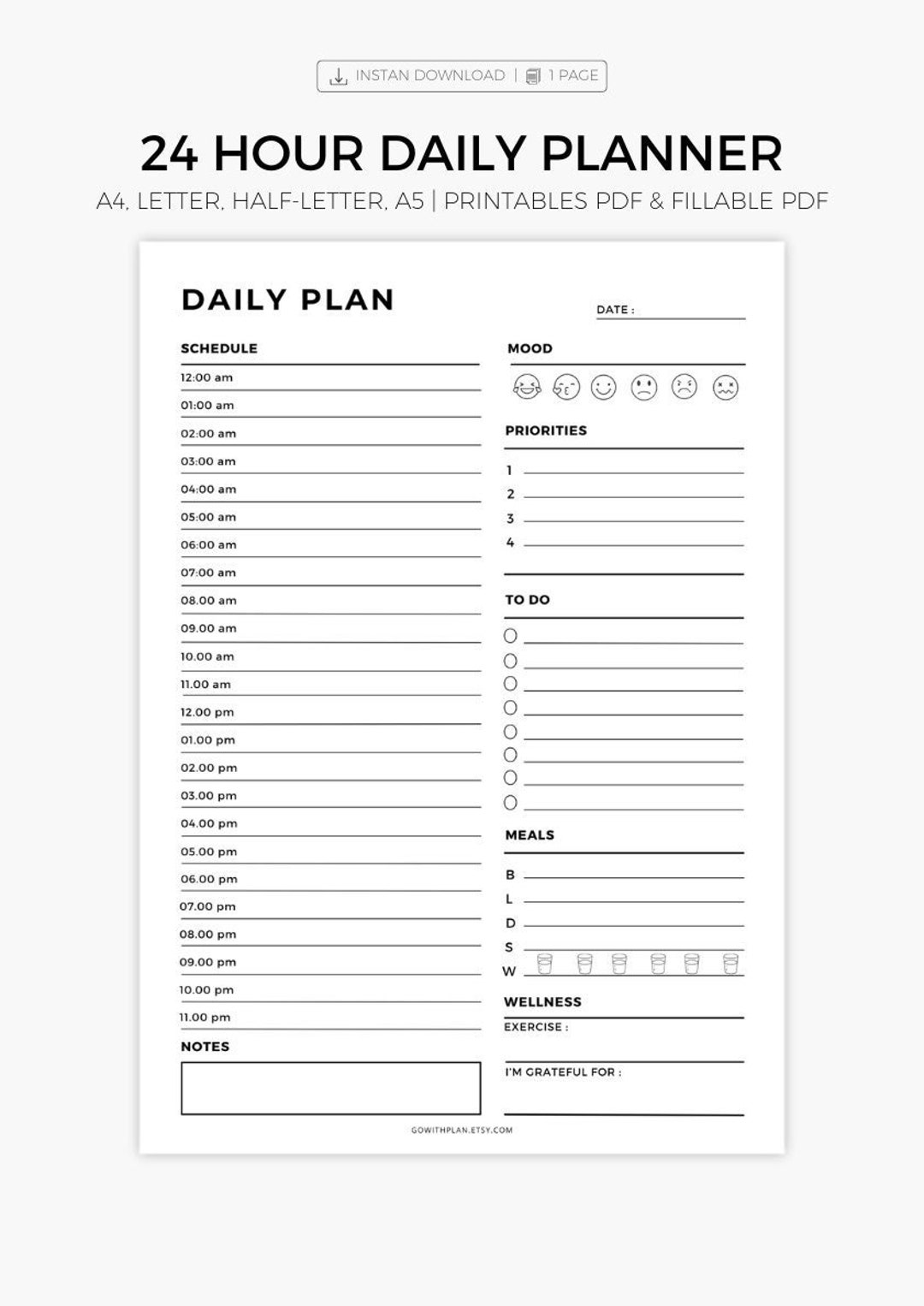 24 Hour Daily Planner Printable, Daily Planner Fillable, Daily Schedule ...