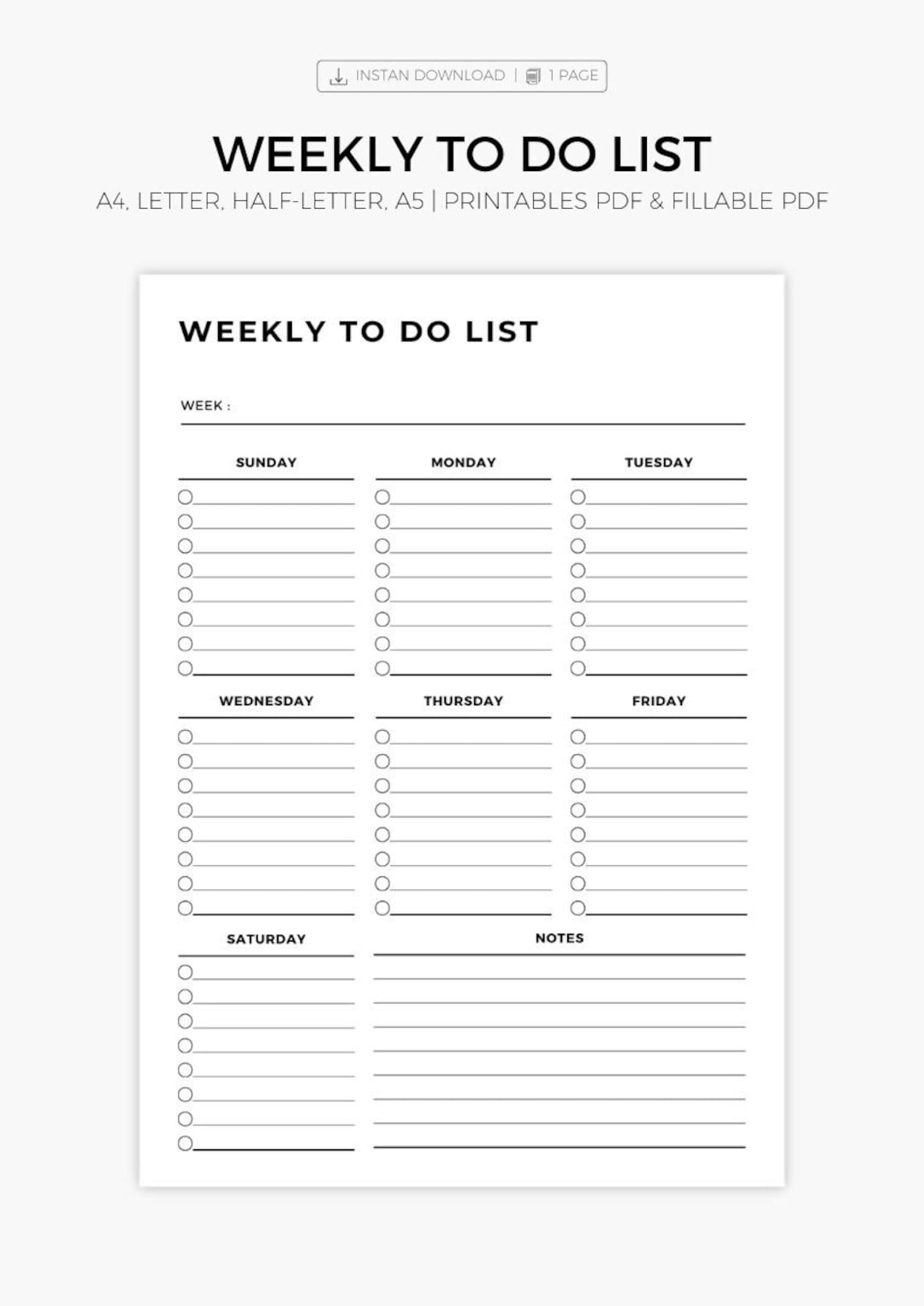 Weekly to Do List Printable, Weekly Planner Fillable, Weekly Schedule ...