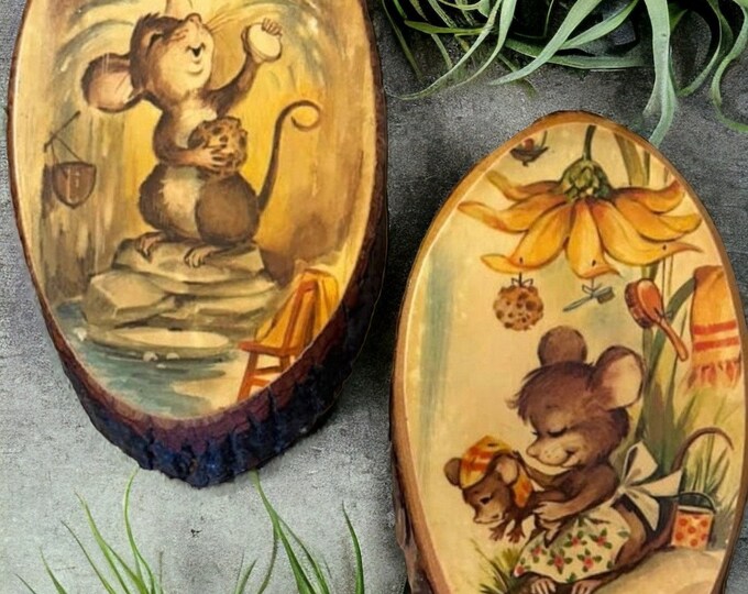 Set of Two Matching Cute Vintage Mice Paintings on Tree Bark Wall Decor ...