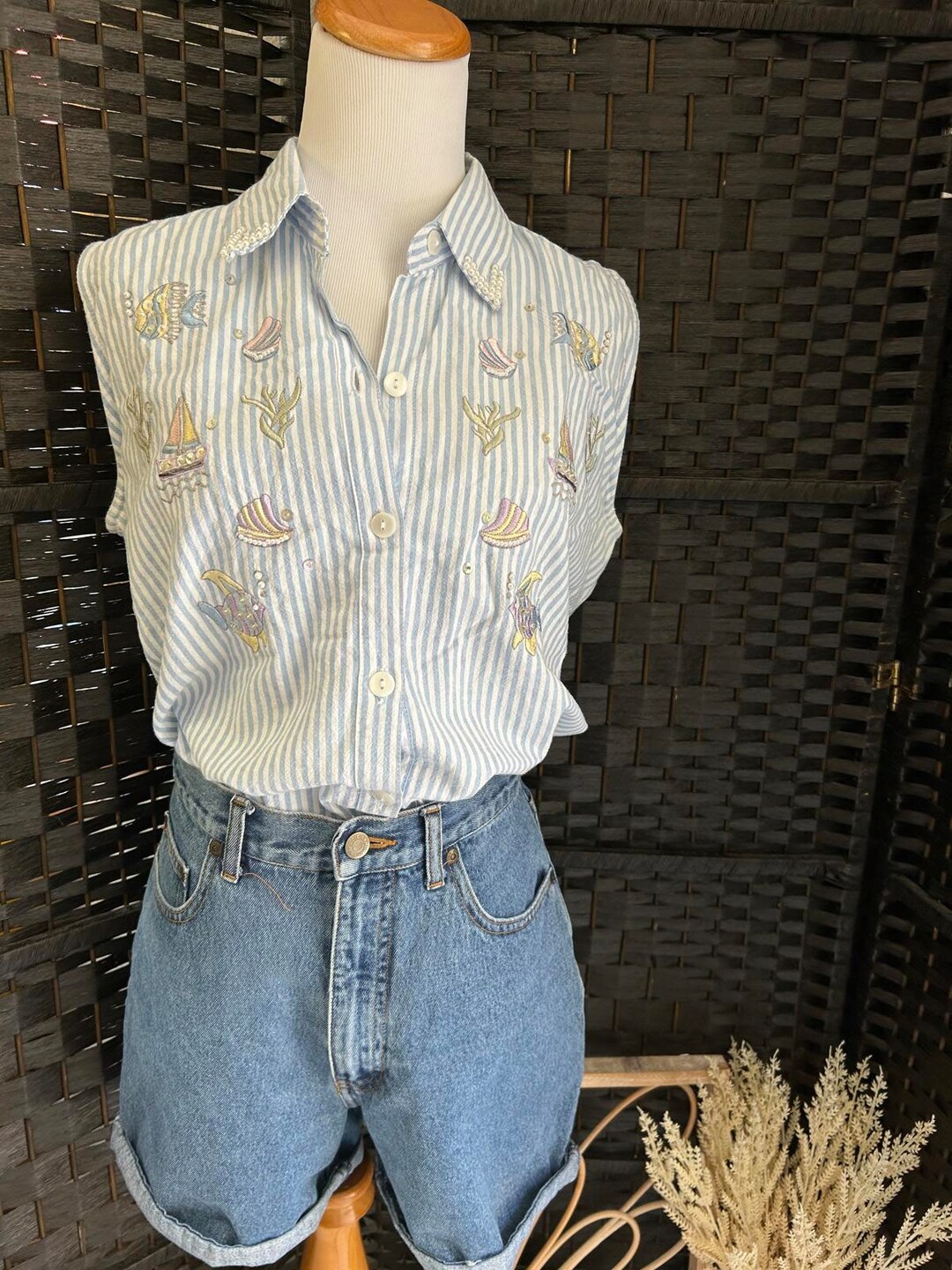 Vintage CB Casuals Coastal Button Down Sleeveless Embroidered Shirt - Etsy