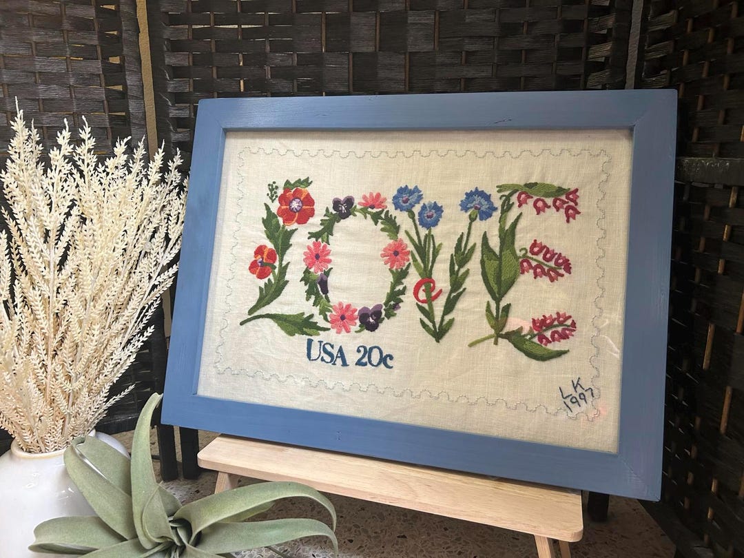 Vintage Erica Wilson Floral Love Stamp Handmade Crewel Cottage Core ...