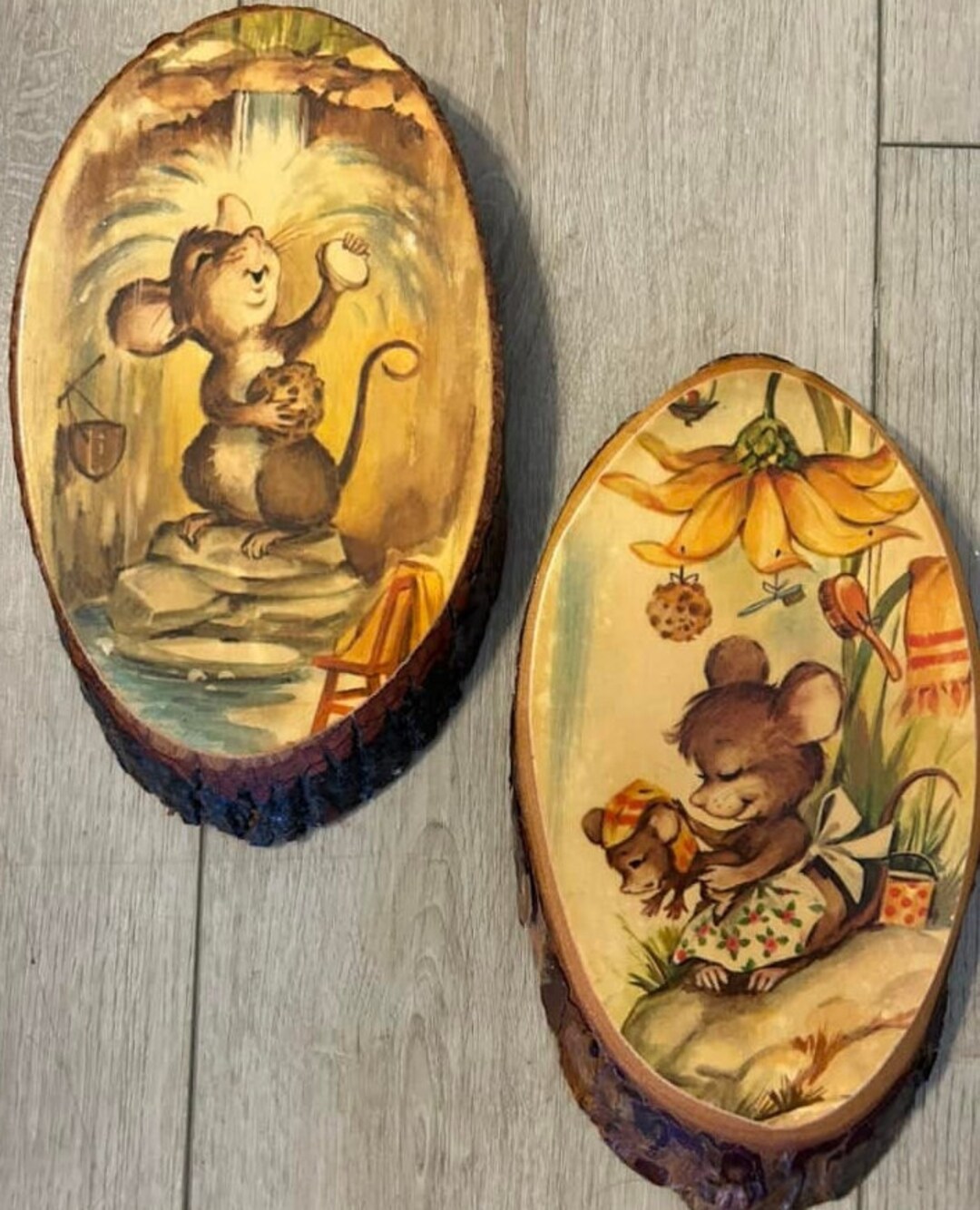 Set of Two Matching Cute Vintage Mice Paintings on Tree Bark - Etsy