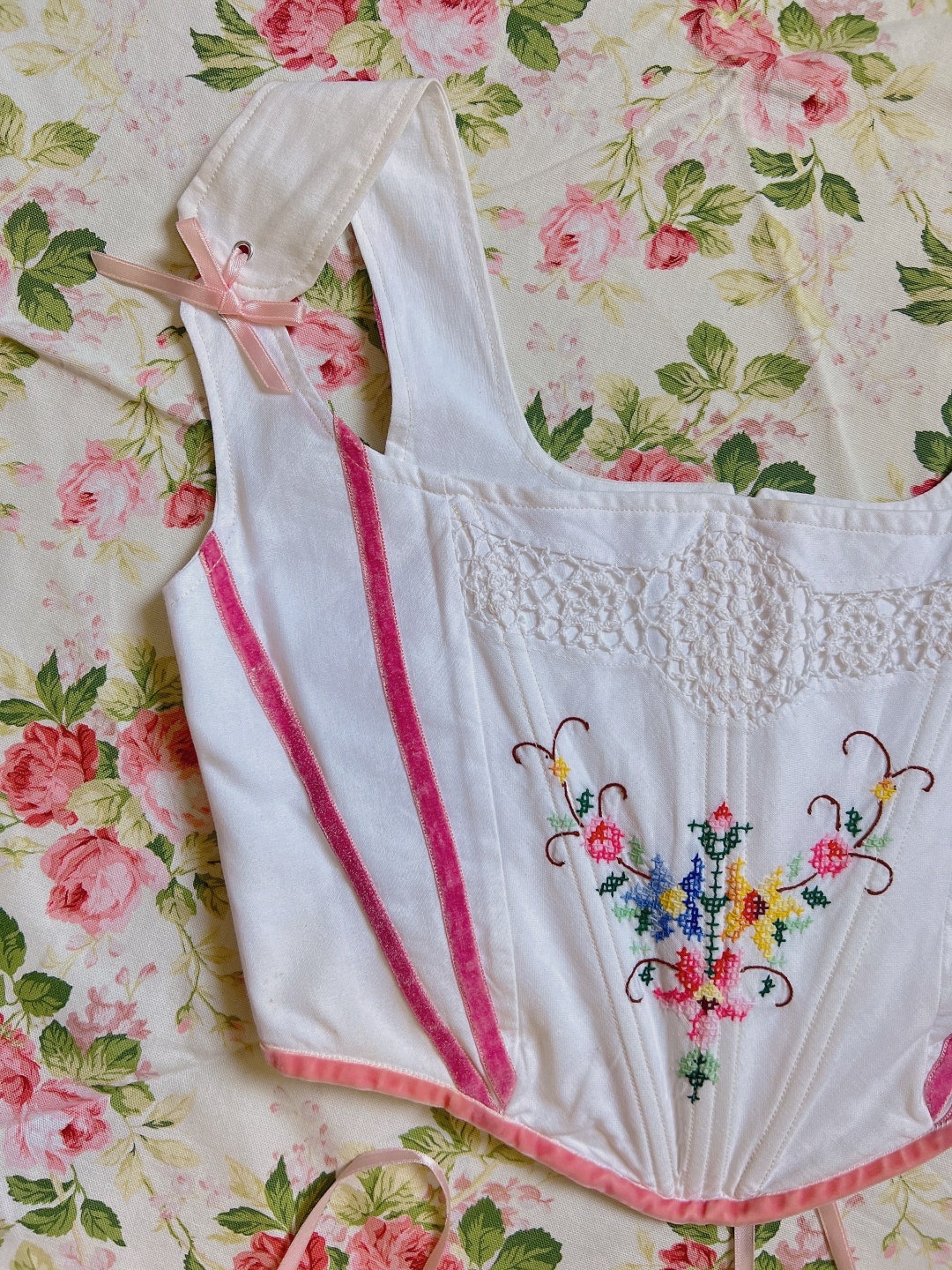 Victoria's Corset. Vintage Remake of Cross Stitch Fabric. Floral ...