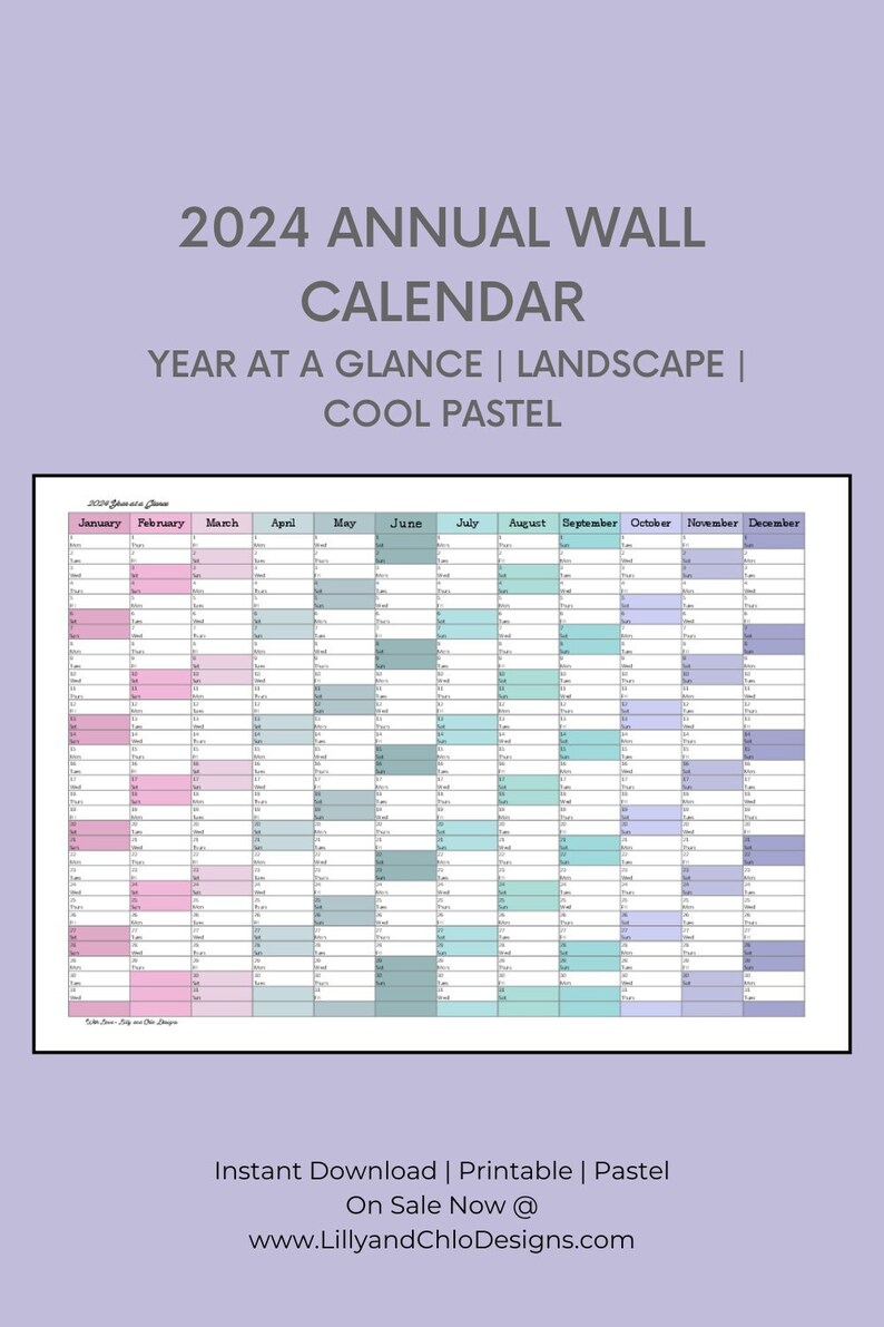 2024 Printable Wall Calendar landscape in Cool Pastel Colours Digital ...