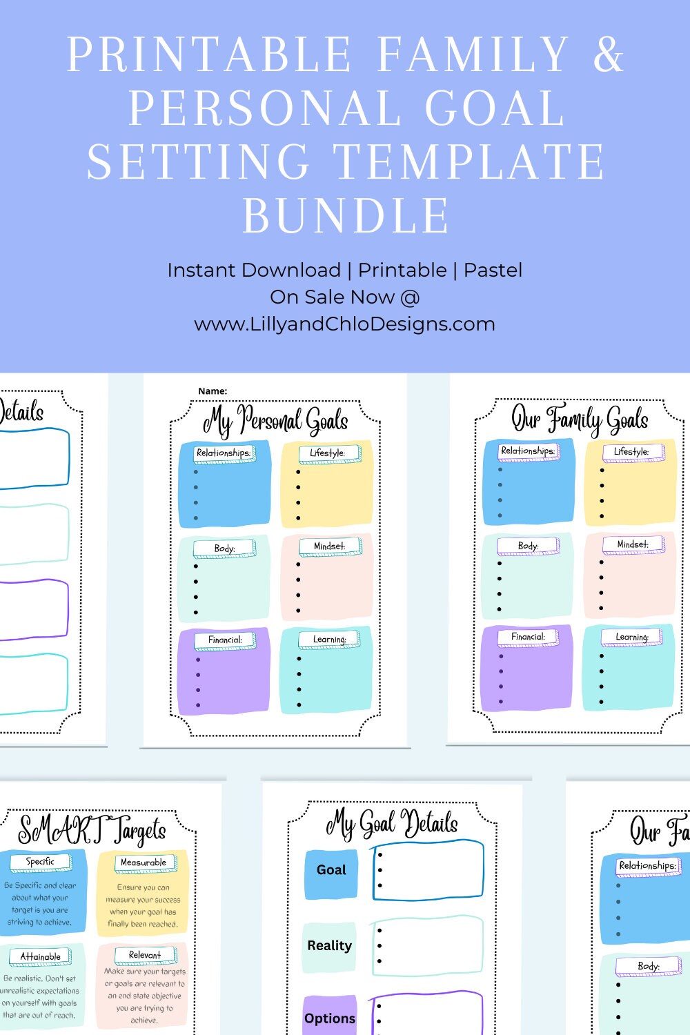 Family & Personal Goal Setting Template Bundle Pastel With Smart Goal ...