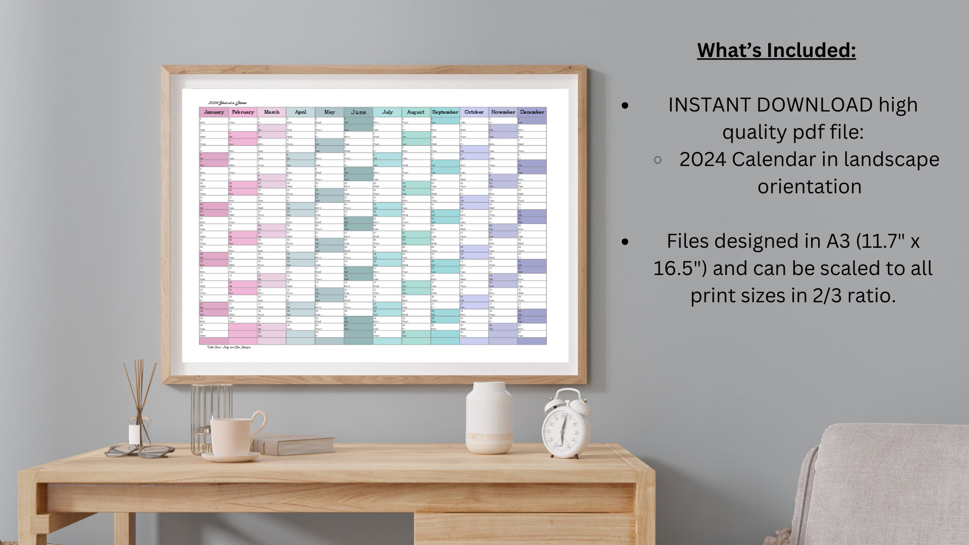 2024 Printable Wall Calendar landscape in Cool Pastel Colours Digital ...